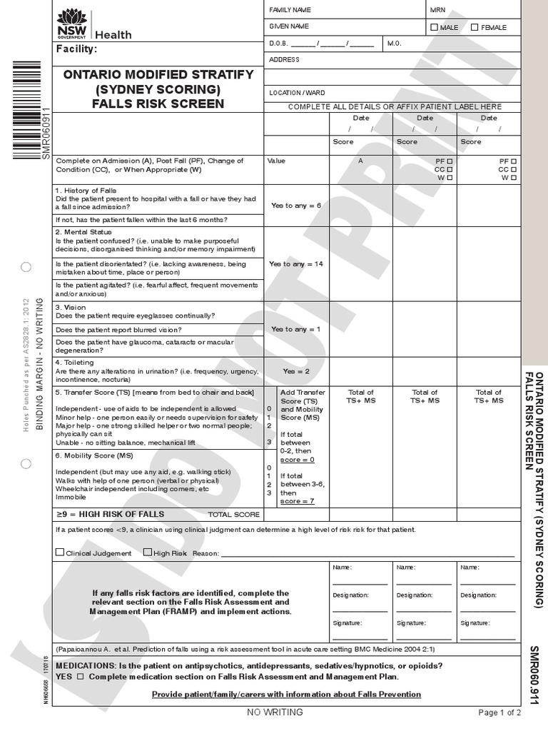 Ontario Modified Stratify Sydney Scoring Falls Risk Screen | PDF