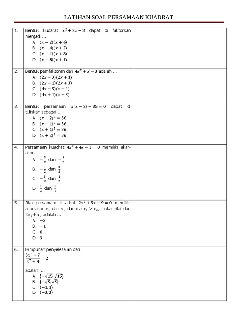 Latihan Soal Persamaan Kuadrat | PDF | Metode & Bahan Ajar | Komputer