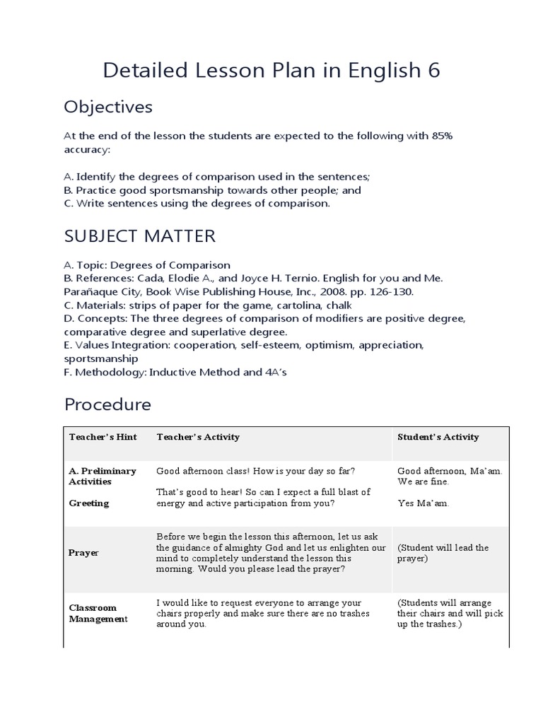 Detailed Lesson Plan in English 6 | PDF | Adjective | Lesson Plan