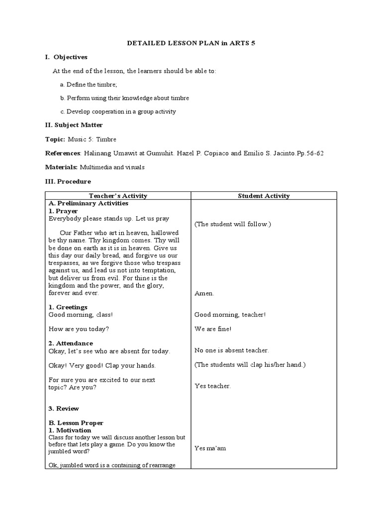 Detailed Music Lesson Plan for Grade 5 | PDF | Language Arts ...