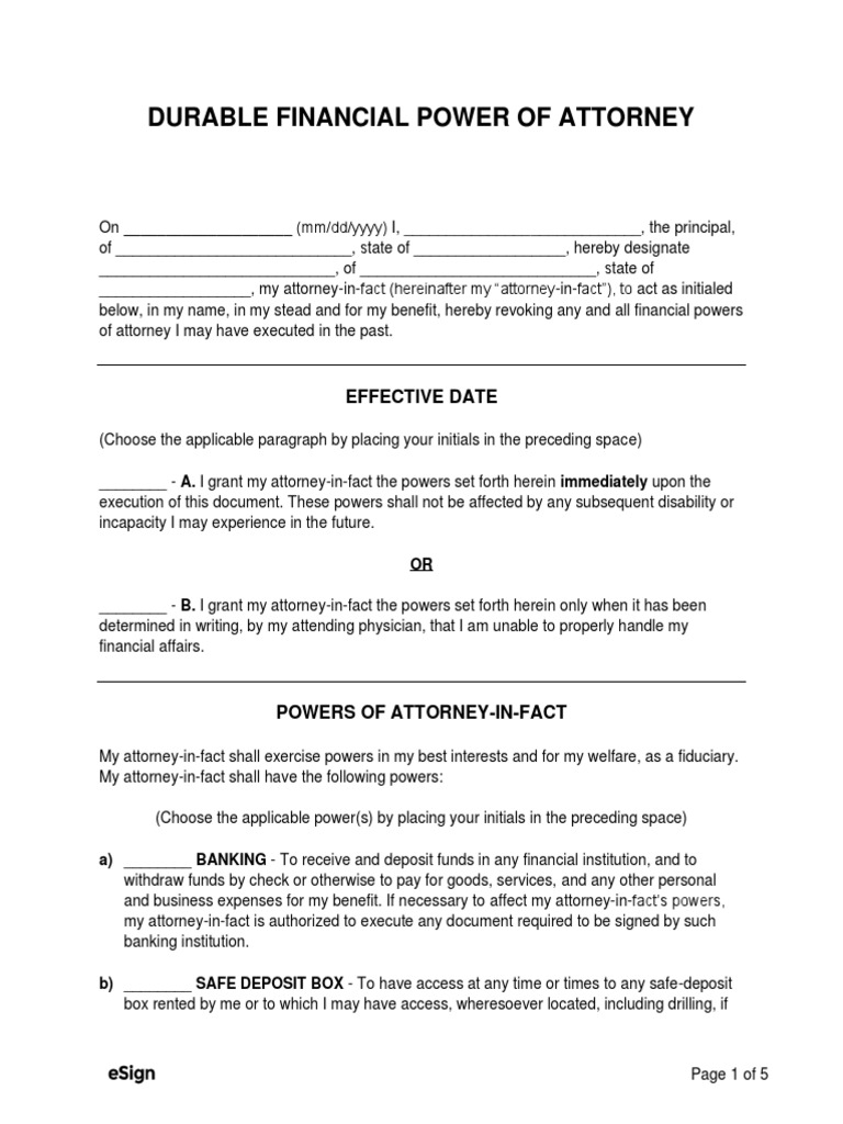 Durable Financial Power of Attorney Form | PDF | Power Of Attorney ...