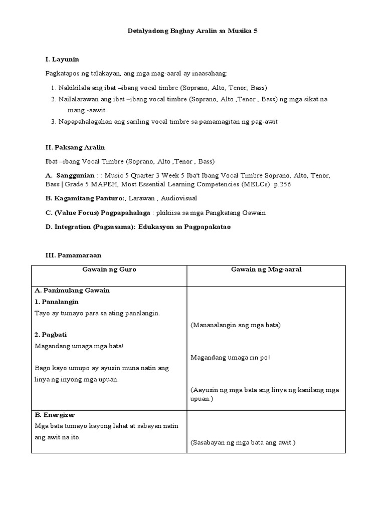 Music 5 - Detailed Lesson Plan | PDF