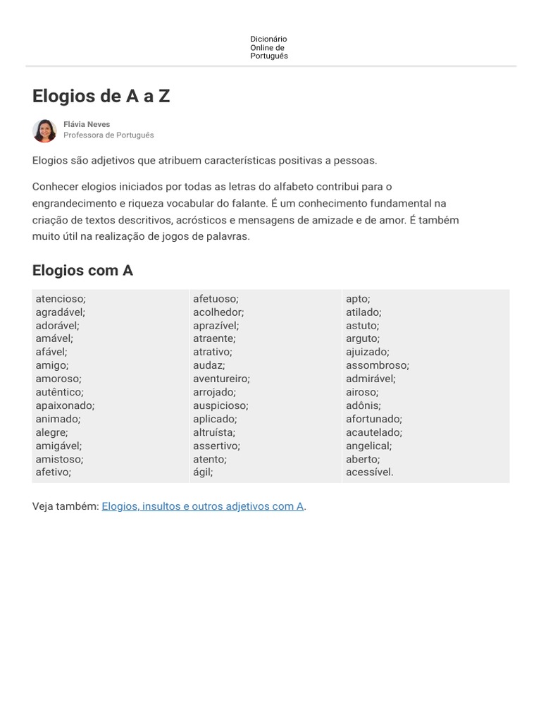 0elogios de A A Z - Lista de Elogios Com Todas As Letras - Dicio ...