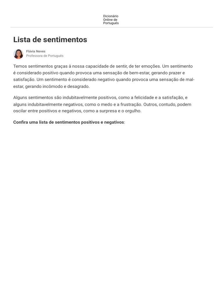 Lista de sentimentos positivos e negativos | PDF | Amor | Emoções