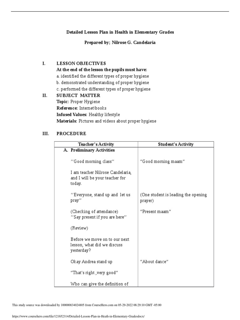 Detailed Lesson Plan in Heath in Elementary Grades | PDF | Hygiene ...