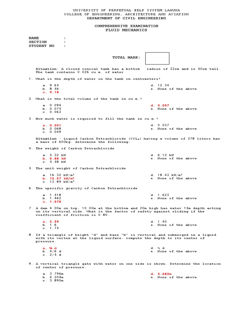 With Answers Fluid Mechanics Comprehensive Exam | PDF | Pressure | Liquids