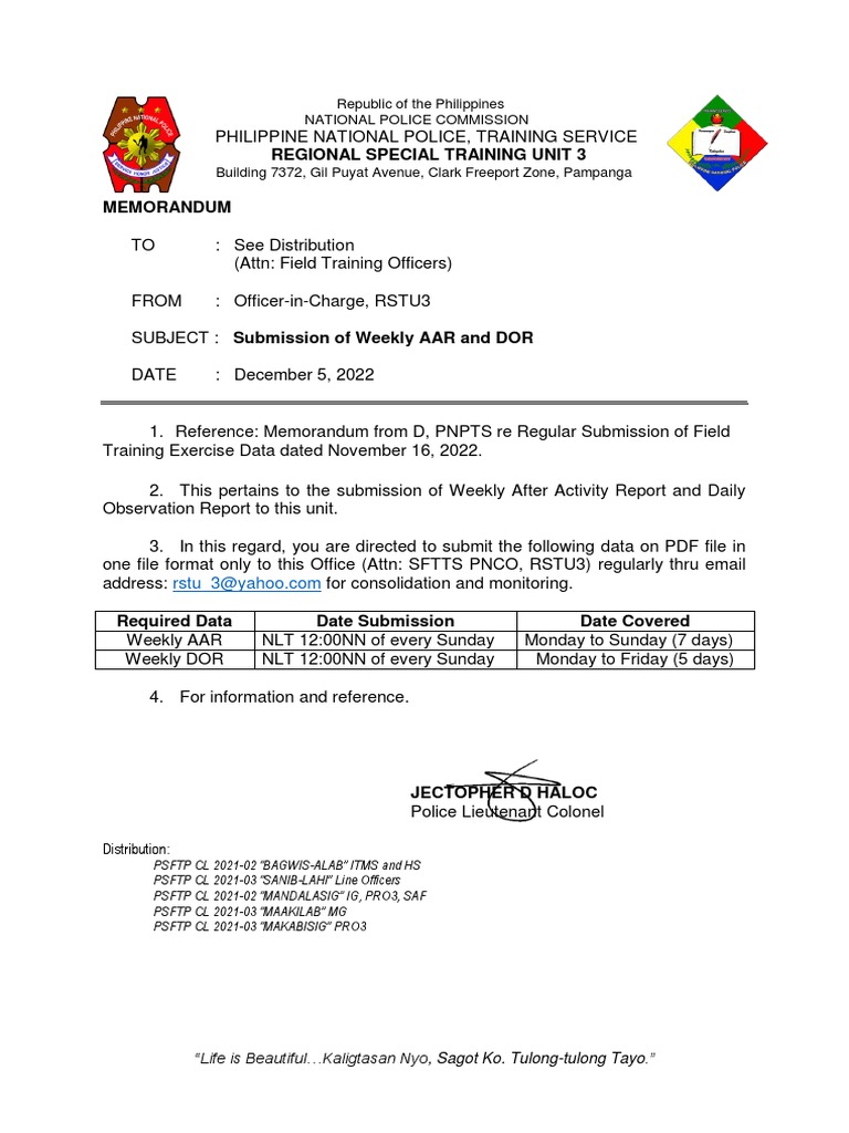 Submission of Weekly AAR and DOR | PDF