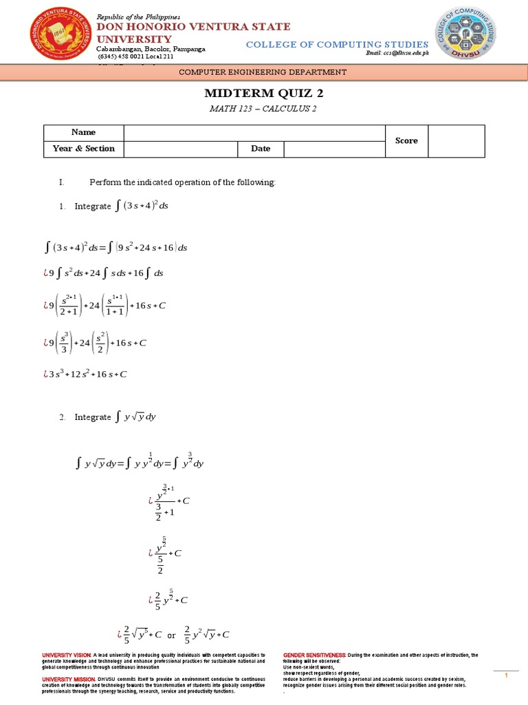 Calculus 2 - Midterm Quiz 1 AK | PDF | University | Science