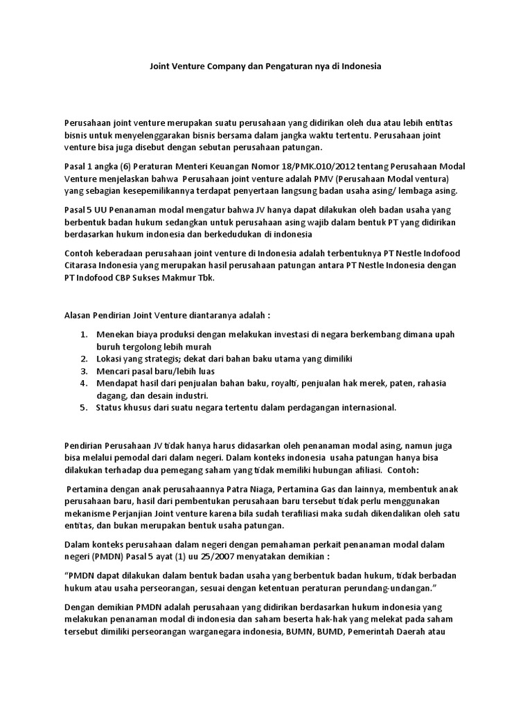 Joint Venture Company Dan Pengaturan Nya Di Indonesia | PDF ...