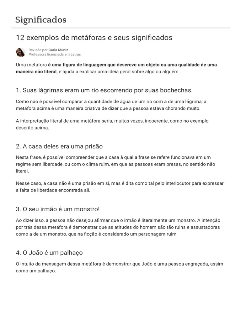12 Exemplos de Metáforas e Seus Significados - Significados | Download ...