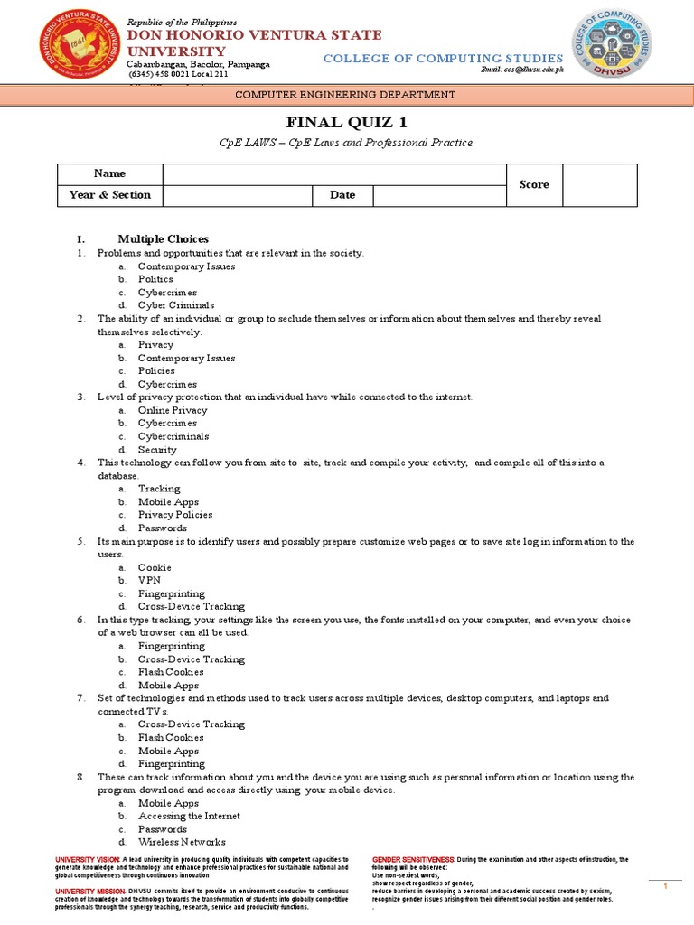 CpE Laws - Finals Quiz 1 | PDF | Computer Network | Cybercrime