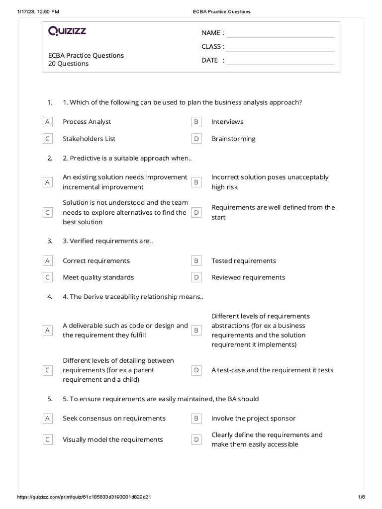 ECBA Practice Questions and Answers | PDF | Business Analysis ...