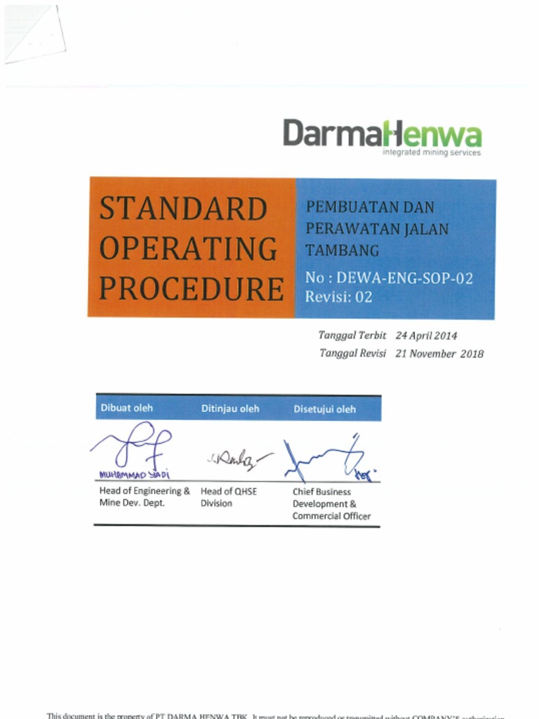 DEWA-ENG-SOP-02-R02 Pembuatan Dan Perawatan Jalan Tambang | PDF