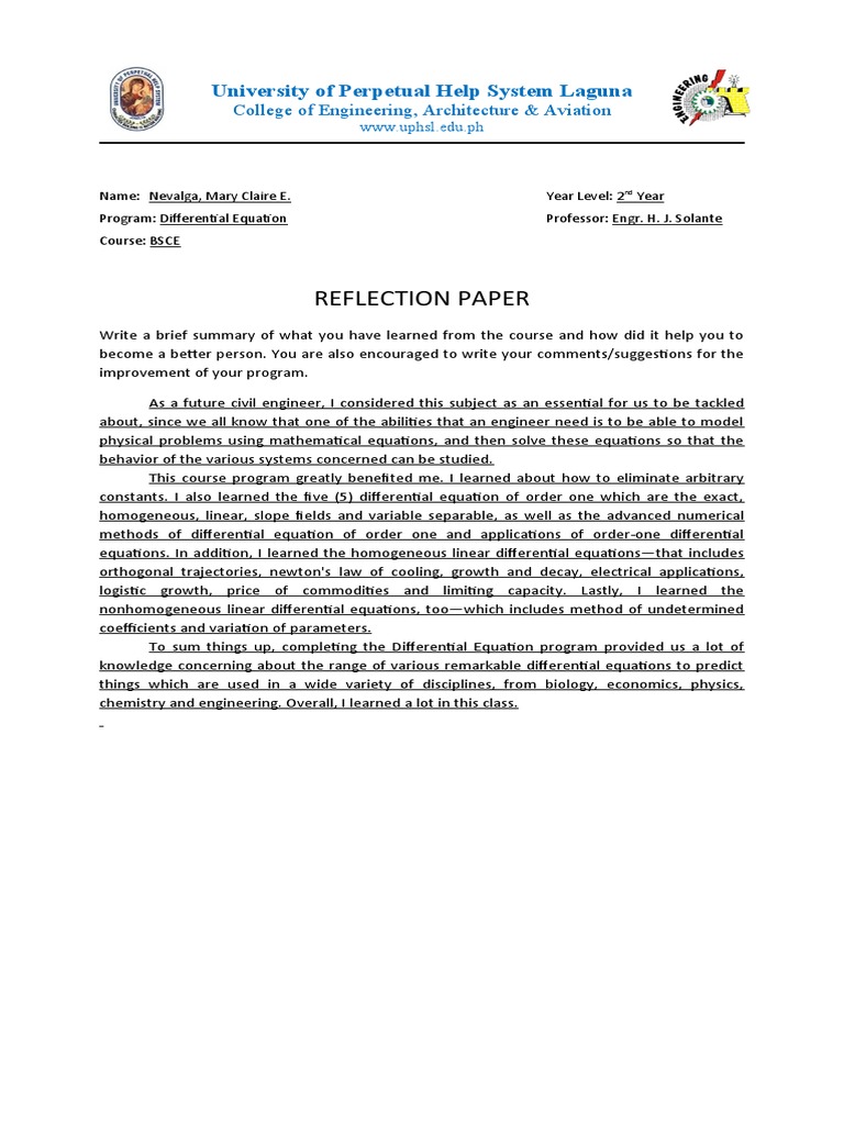 Differential Equation - Reflection Paper | PDF