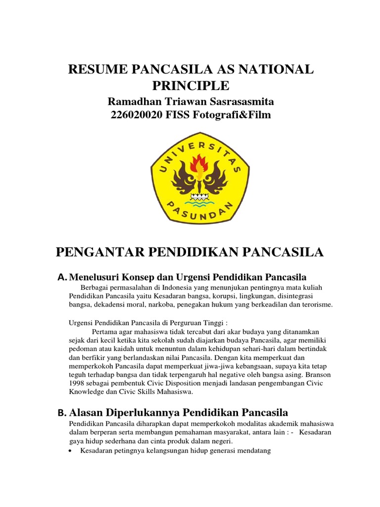 Resume Pancasila - Ramadhan Triawan S - 226020020 | PDF