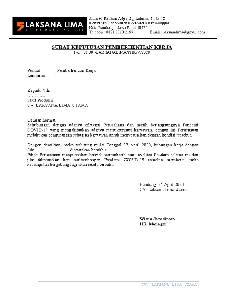 Surat Pemberhentian Kerja | PDF