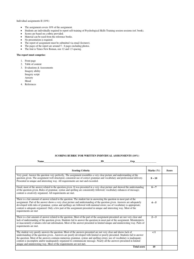 Psychological Skills Training: Individual Report Guidelines and Rubric ...