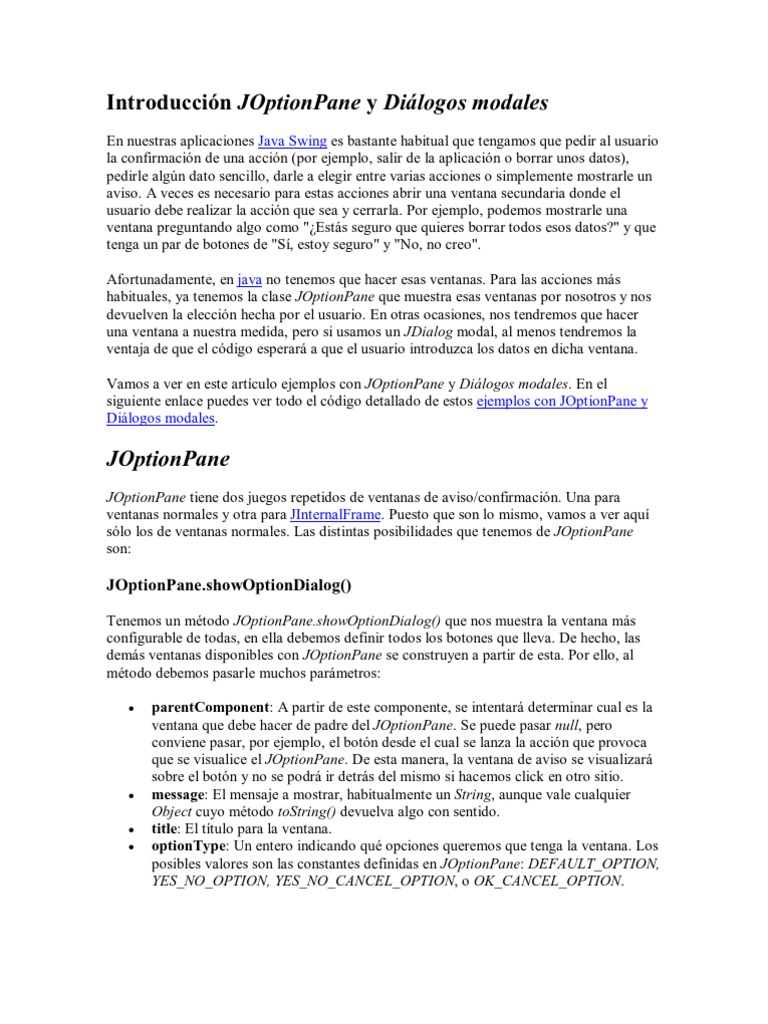 Introducción JOptionPane y Diálogos Modales | PDF | Ventana (informática) | Java (lenguaje de ...
