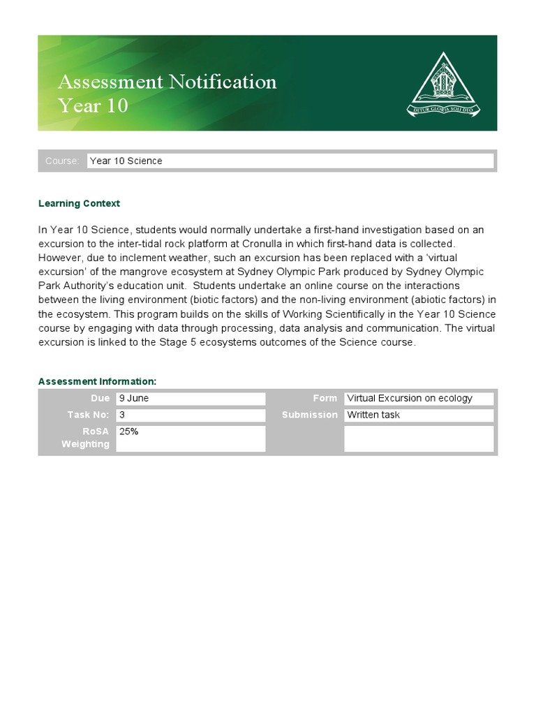 2021 Year 10 Assessment Task 3 Assessment Notification | PDF ...