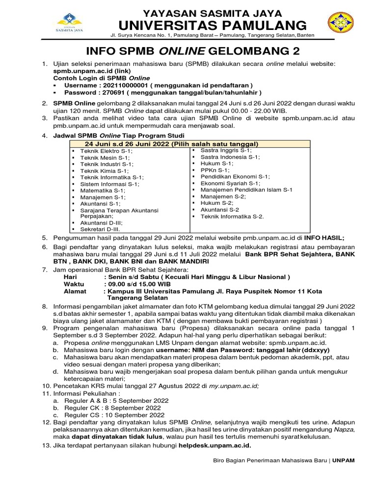 Info SPMB Online Unpam 2022 | PDF
