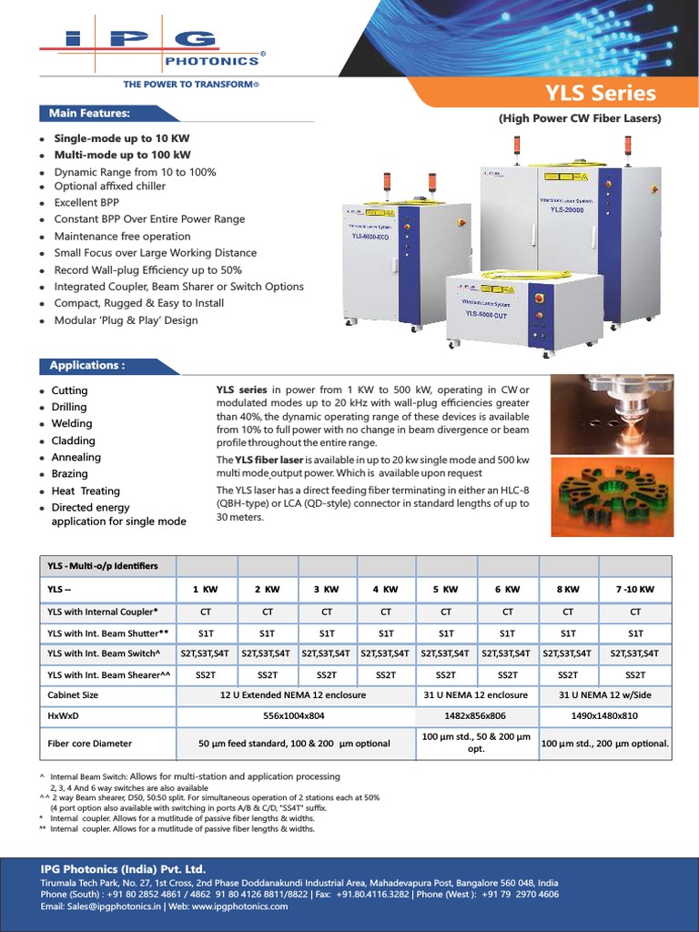 High Power Lasers Yls SM CW Upto 10 KW and MM CW Upto 100 KW | PDF ...