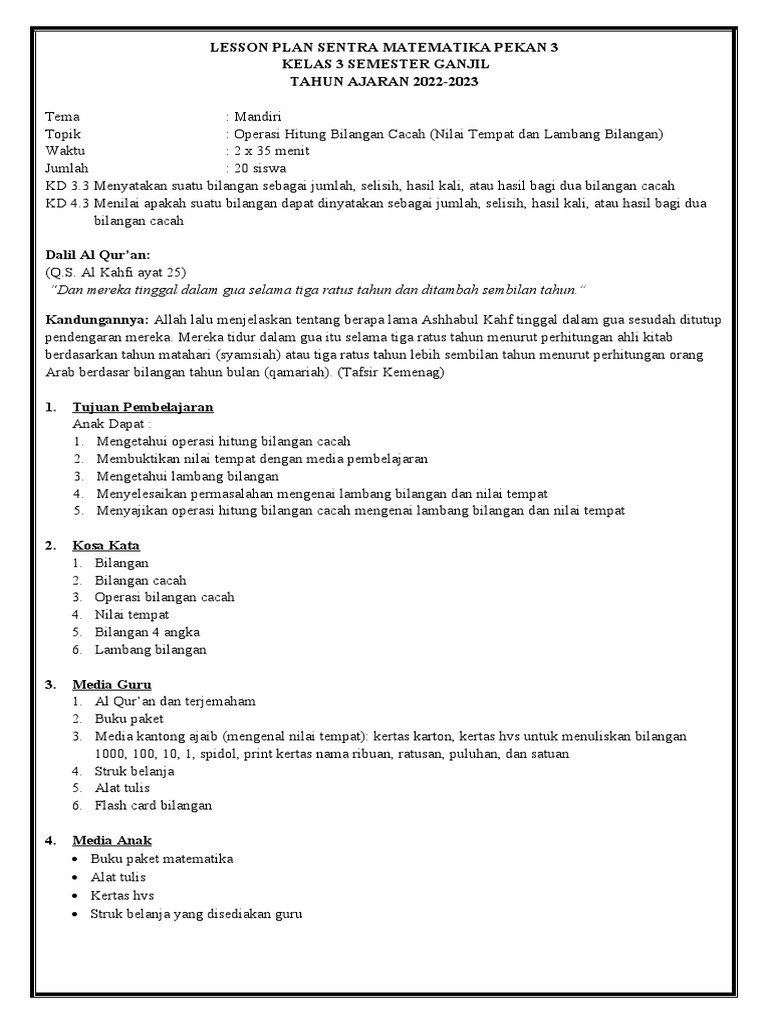 Lesson Plan Pekan 3 Sentra Matematika Kelas 3 | PDF