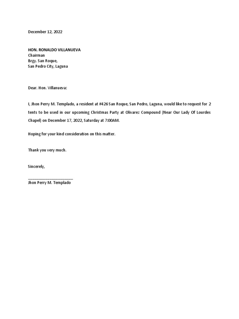 Letter Request Chairs and Tents | PDF | Home & Garden | Cooking, Food & Wine