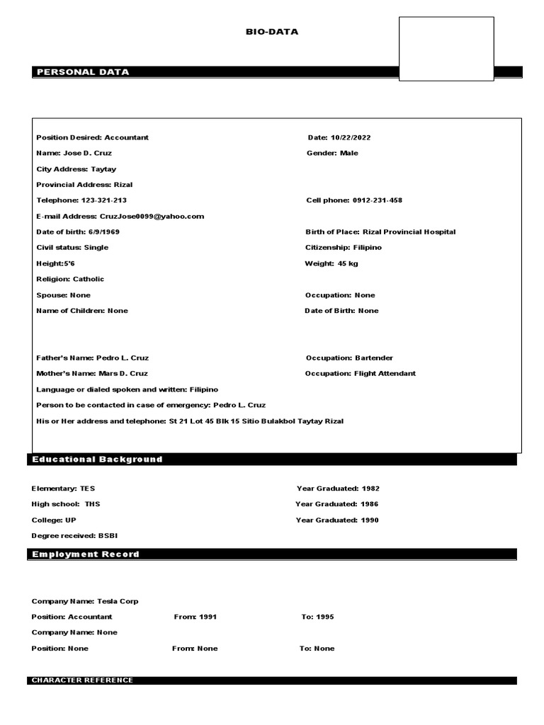 Accountant Bio-Data: Jose D. Cruz | PDF
