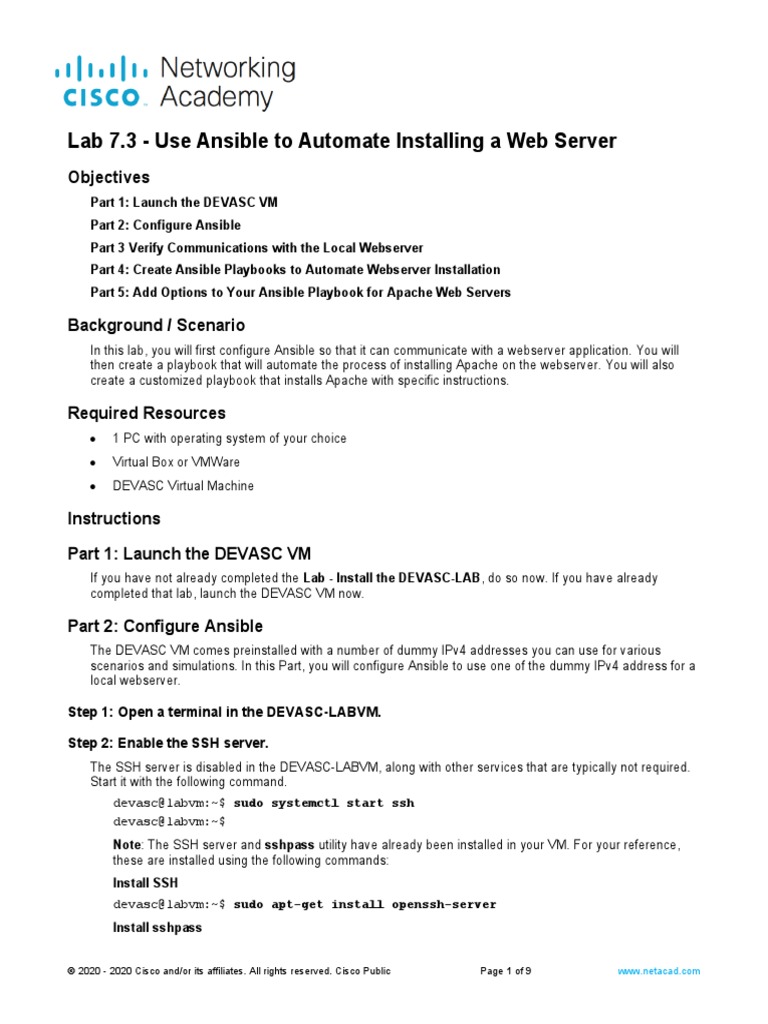 Lab 73 Use Ansible To Automate Installing A Web Server Pdf