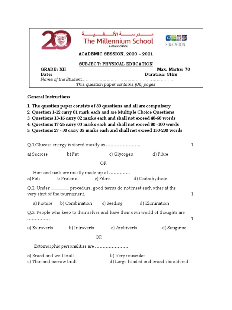 Grade XII Physical Education Exam | PDF | Body Mass Index | Health Sciences