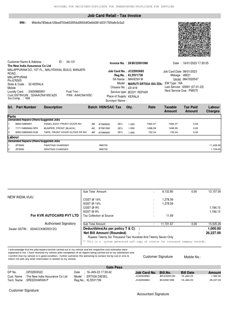 Job Card Retail - Tax Invoice: Original For Recipient/Duplicate For ...