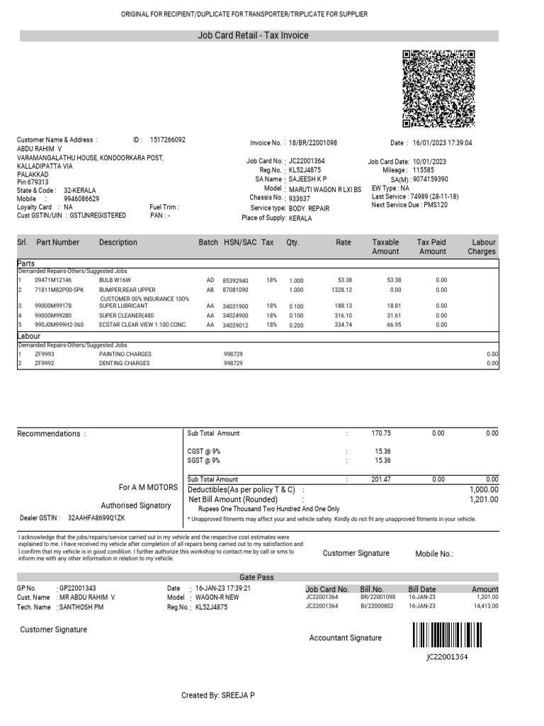 Job Card and Tax Invoice for Automotive Repairs and Maintenance ...