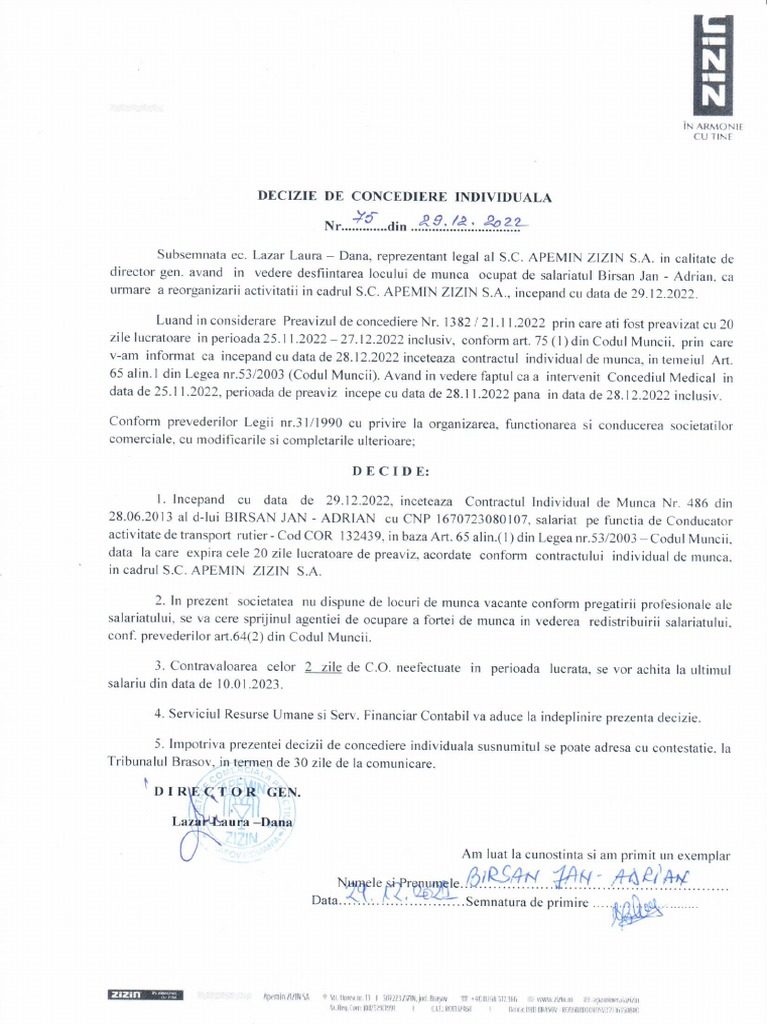 Decizie de Concediere Individuala | PDF