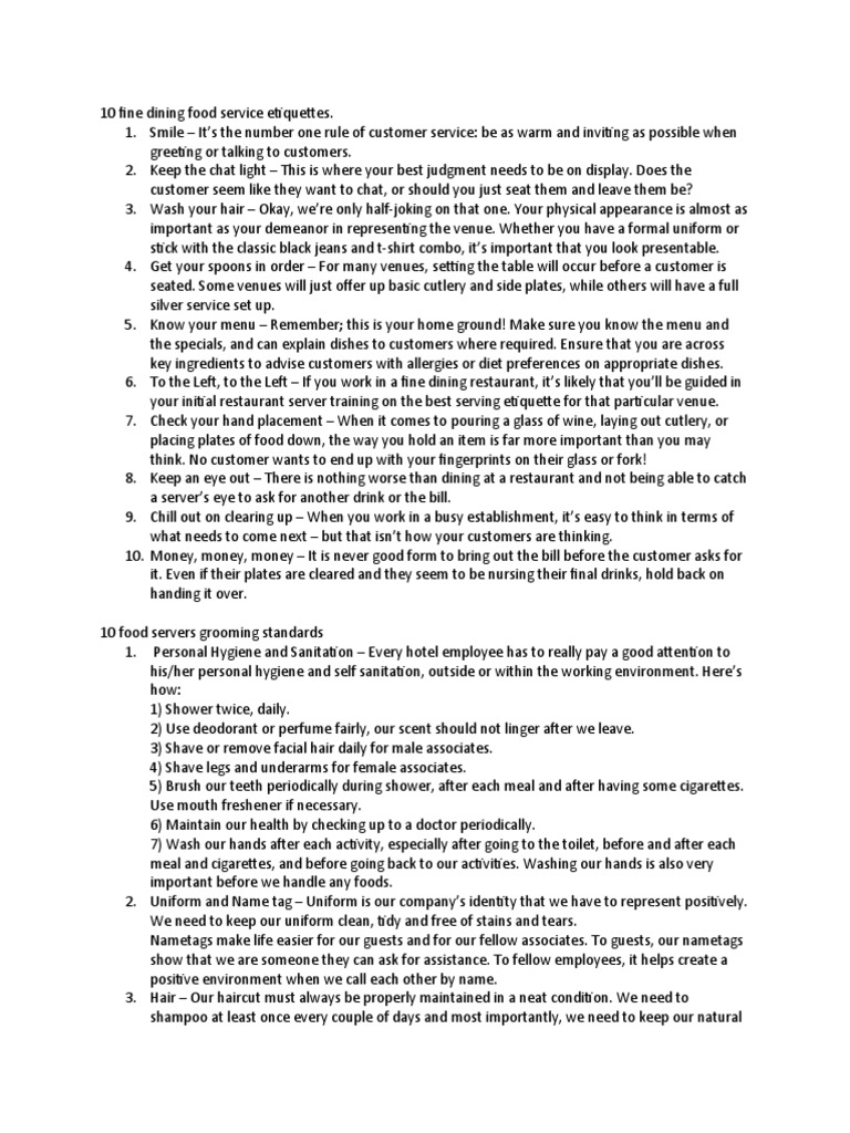 Food Serving Etiquettes | PDF | Restaurants | Tableware
