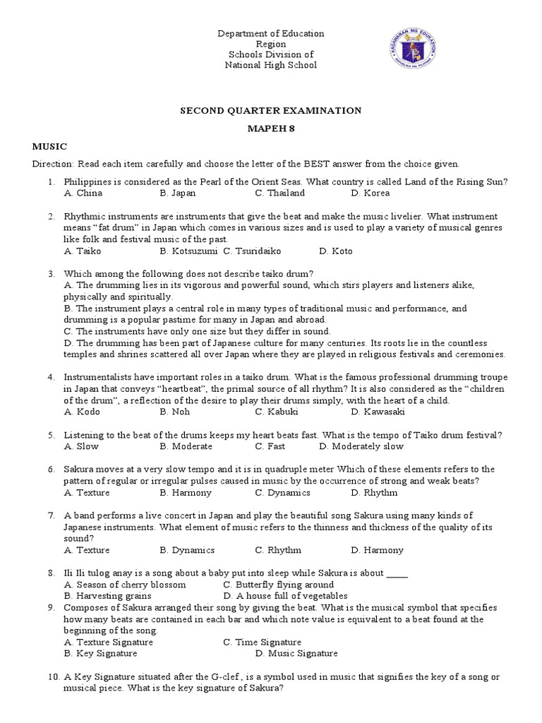 MAPEH 8 Exam | PDF | Musical Instruments | Marriage