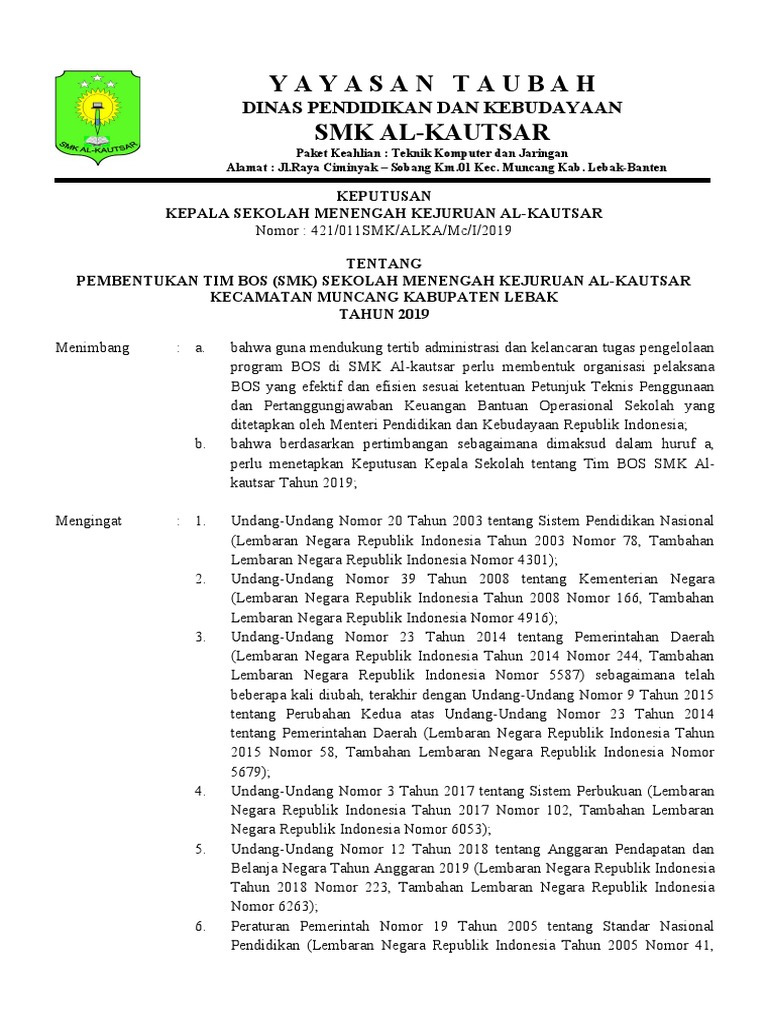 (Panduanmengajar - Com) - Contoh SK Tim BOS Reguler 2019 | PDF (Panduanmengajar - Com) - Contoh SK Tim BOS Reguler 2019 | PDF