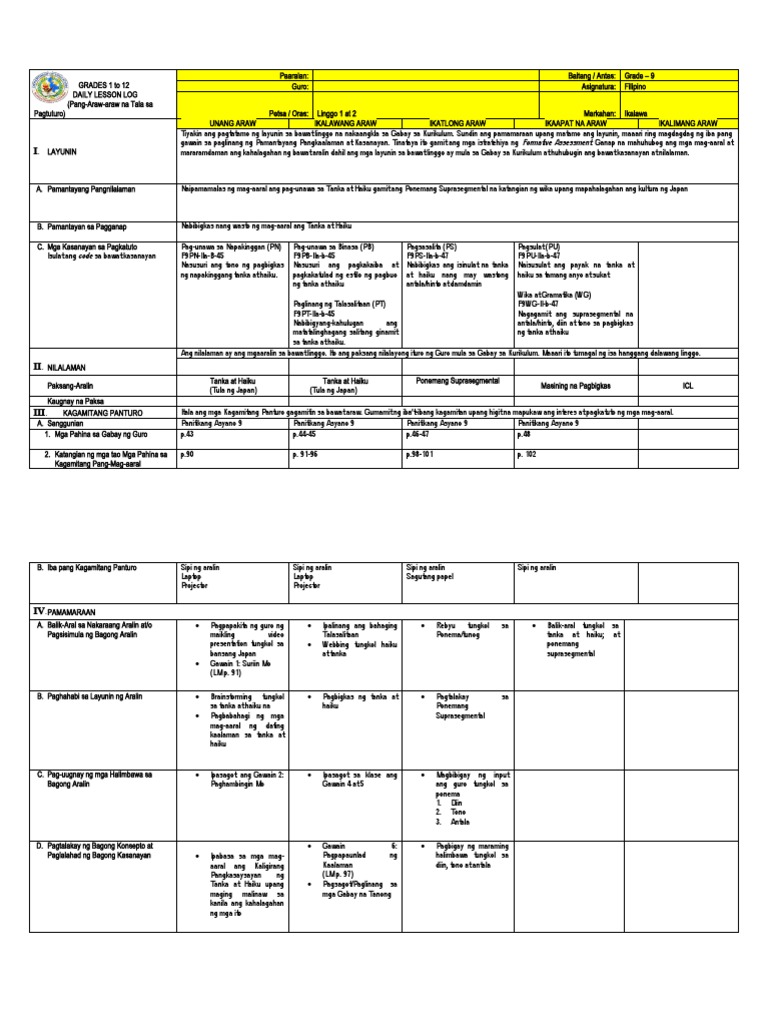 DLL - FILIPINO 9 2ngd Grading (Topic 1) | PDF