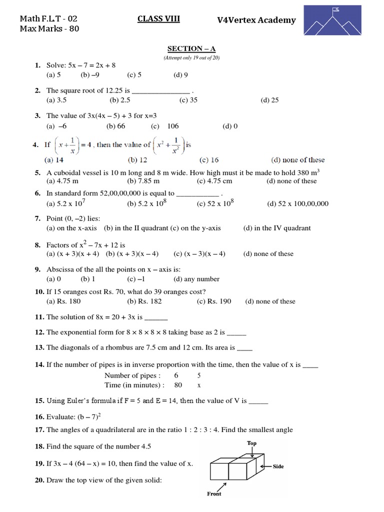 Class 8 Math Test Paper - V4Vertex Academy | PDF | Cartesian Coordinate ...