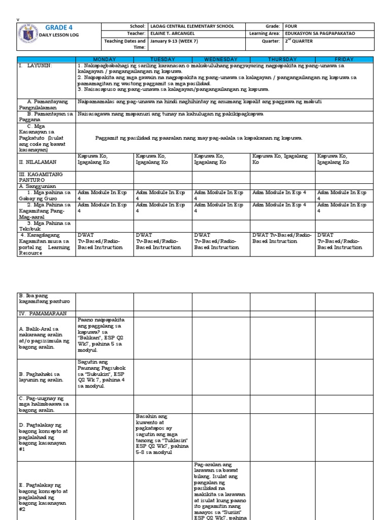 DLL g4 q2 Week 7 (English, Esp, Math) | PDF