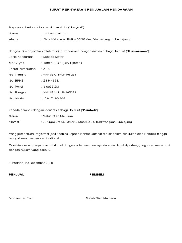 Surat Pernyataan Penjualan Kendaraan | PDF