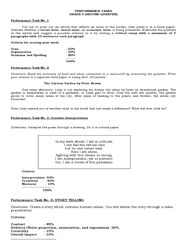 PERFORMANCE TASKS grade 9 second quarter | PDF