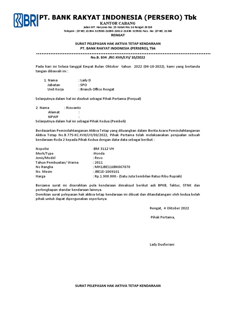 Surat Pelepasan Hak Aktiva Tetap Kendaraan | PDF
