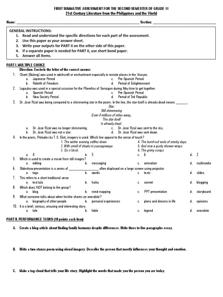 Literature - FIRST SUMMATIVE ASSESSMENT FOR THE SECOND SEMESTER | PDF ...