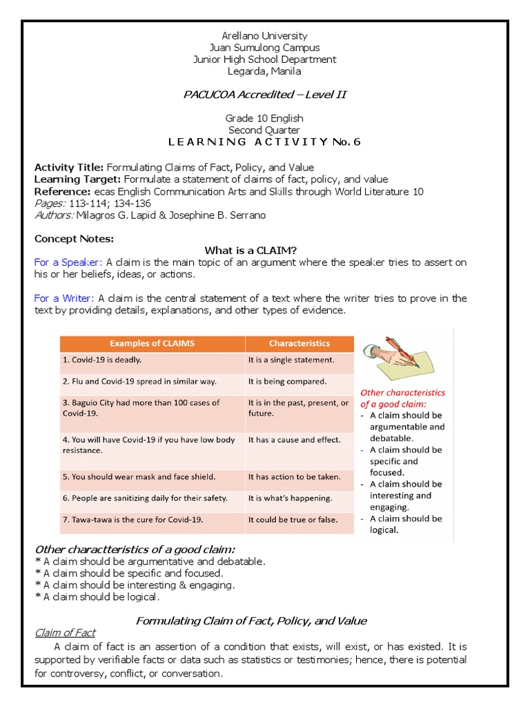 Lesson 6 Q2 Formulating Claims of Fact Policy and Value 2022 2023 | PDF