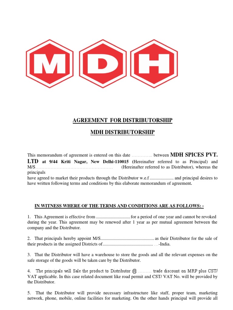 Agreement For Distributorship MDH Distributorship | PDF | Taxes | Justice