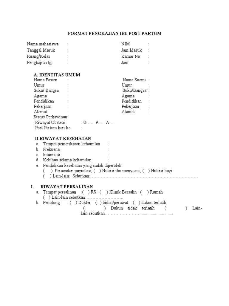 Format Pengkajian Ibu Post Partum | PDF