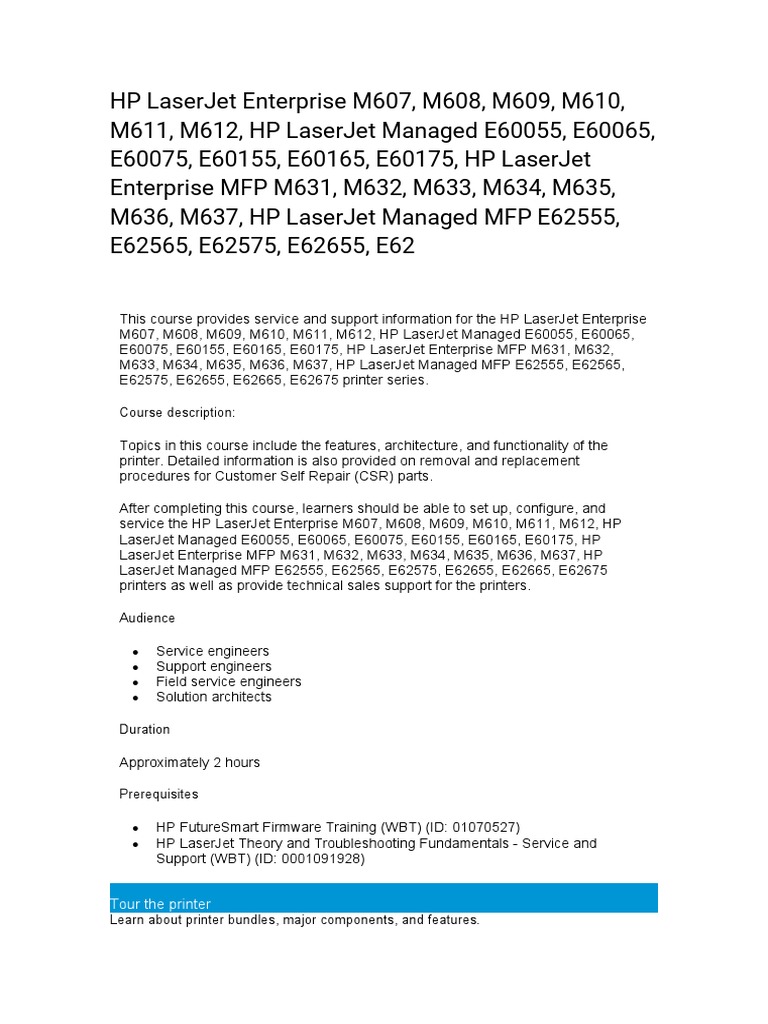 HP LaserJet Enterprise M607, M608, M609, M610, M611, M612, HP LaserJet Managed E60055, E60065 ...