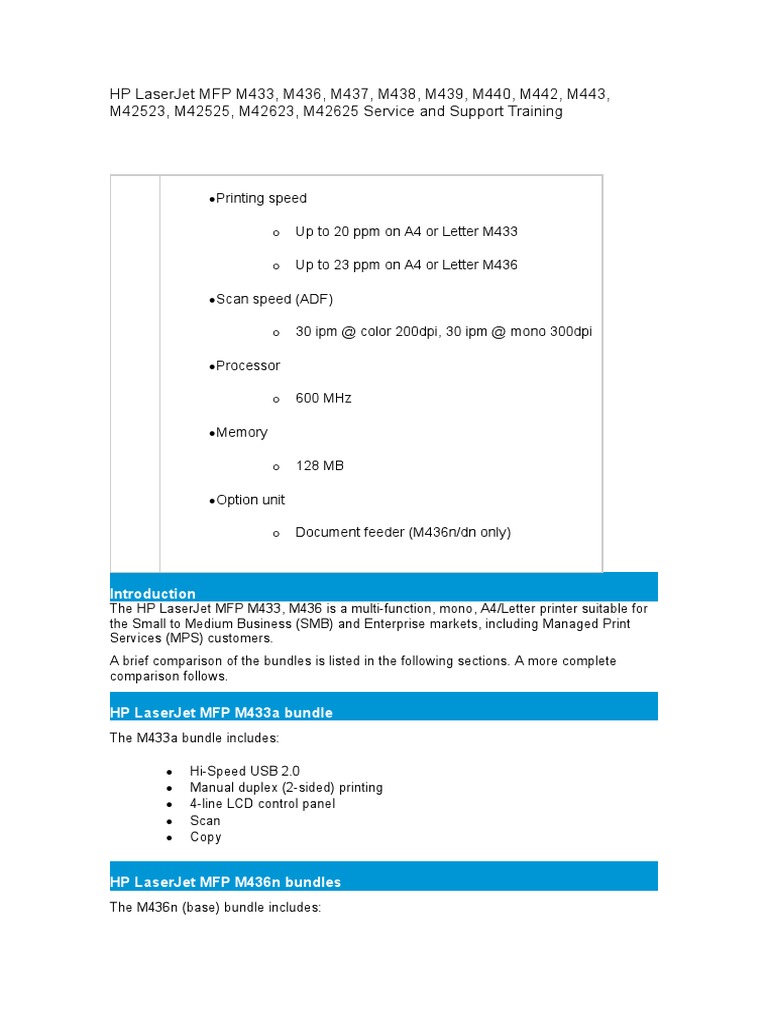 HP LaserJet MFP M433, M436, M437, Service and Support Training1 | PDF ...