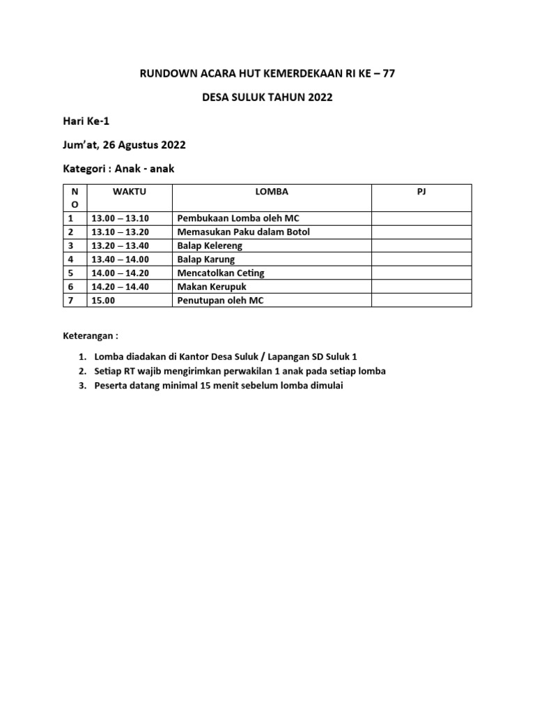 Rundown Acara Hut Kemerdekaan Ri | PDF