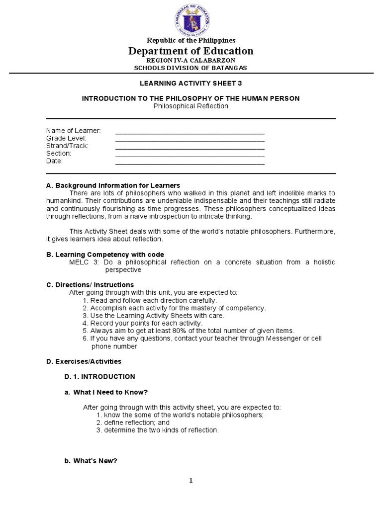MELC 3 Introduction To Philosophy of The Human Person Activity Sheet ...